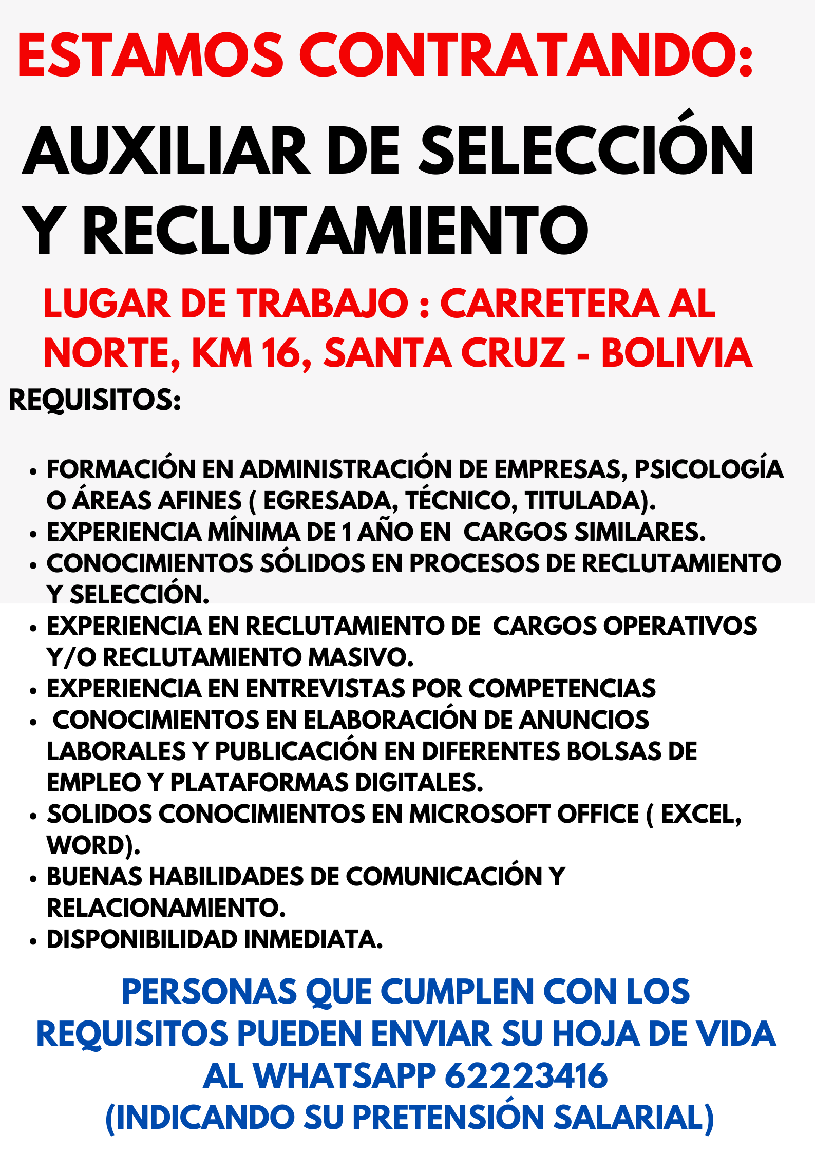 AUXILIAR DE SELECCIÓN Y RECLUTAMIENTO | Trabajando Bolivia